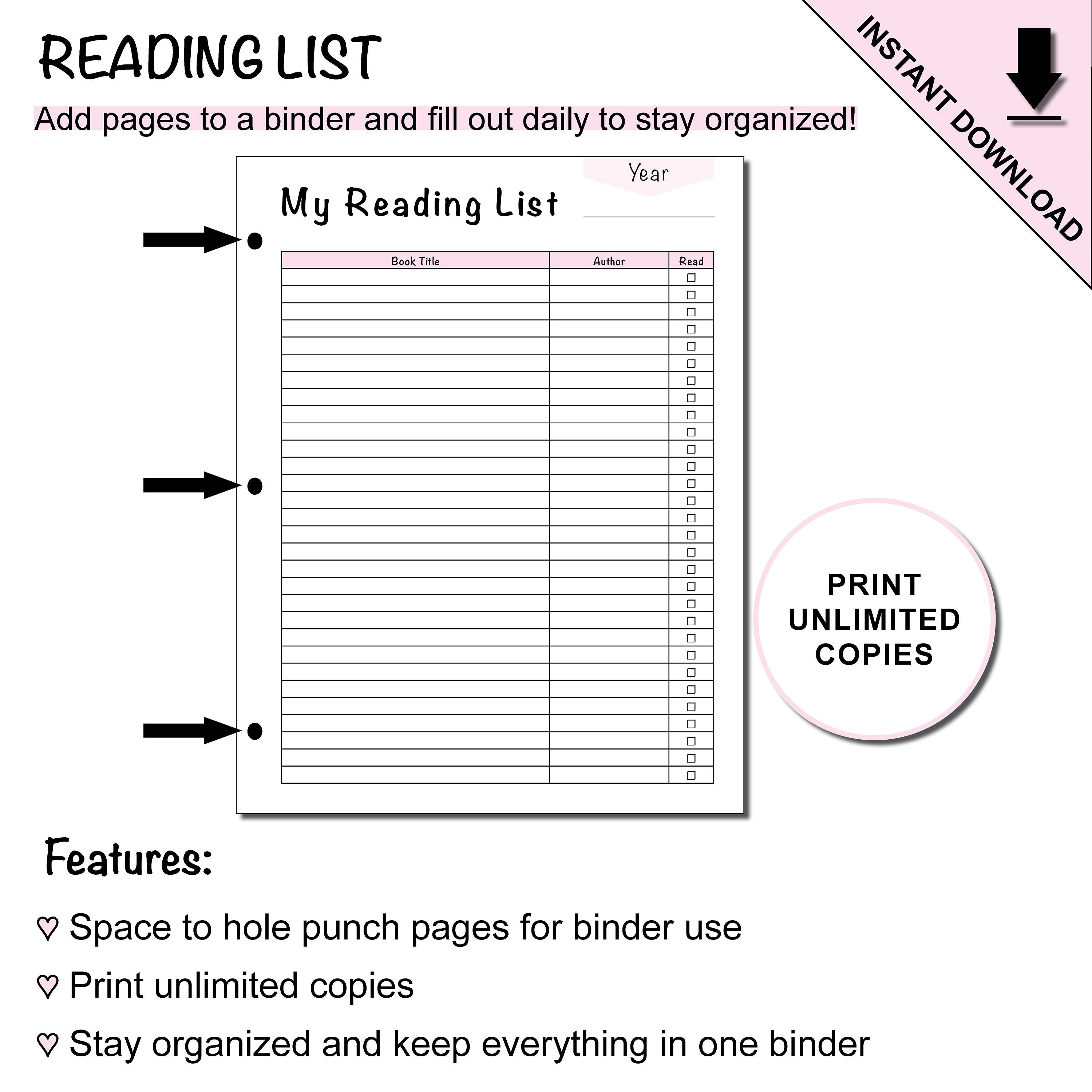 Printable Reading List Tracker for Books You Want to Read or - Etsy