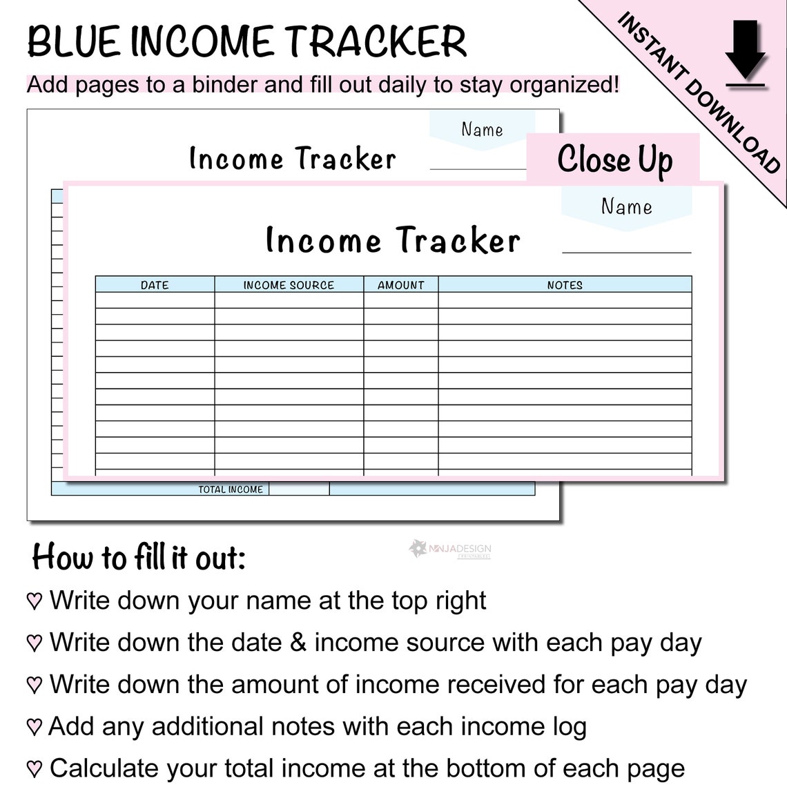 Printable Income Tracker Sheet to Keep Track of Your Monthly | Etsy