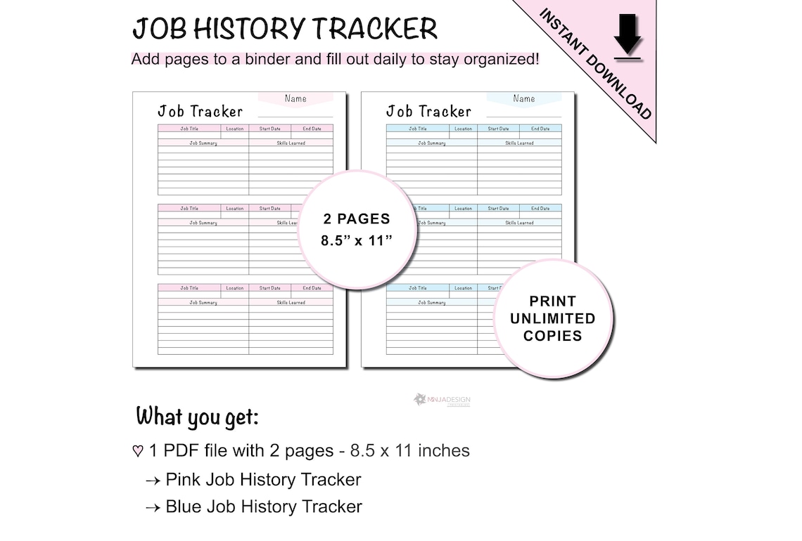 Printable Job History Tracker to Track Work Employment History - Etsy