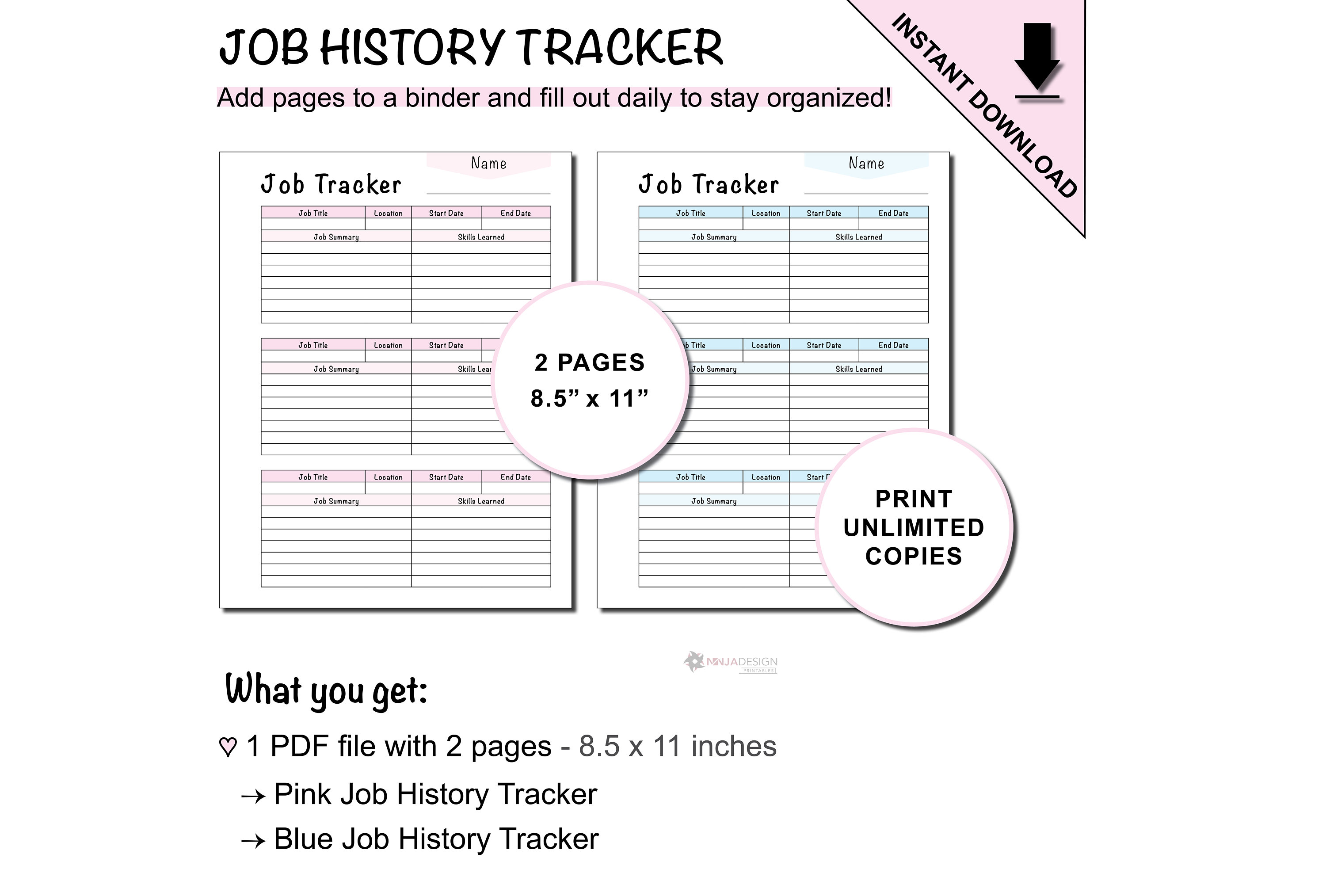 Printable Job History Tracker to Track Work Employment History - Etsy