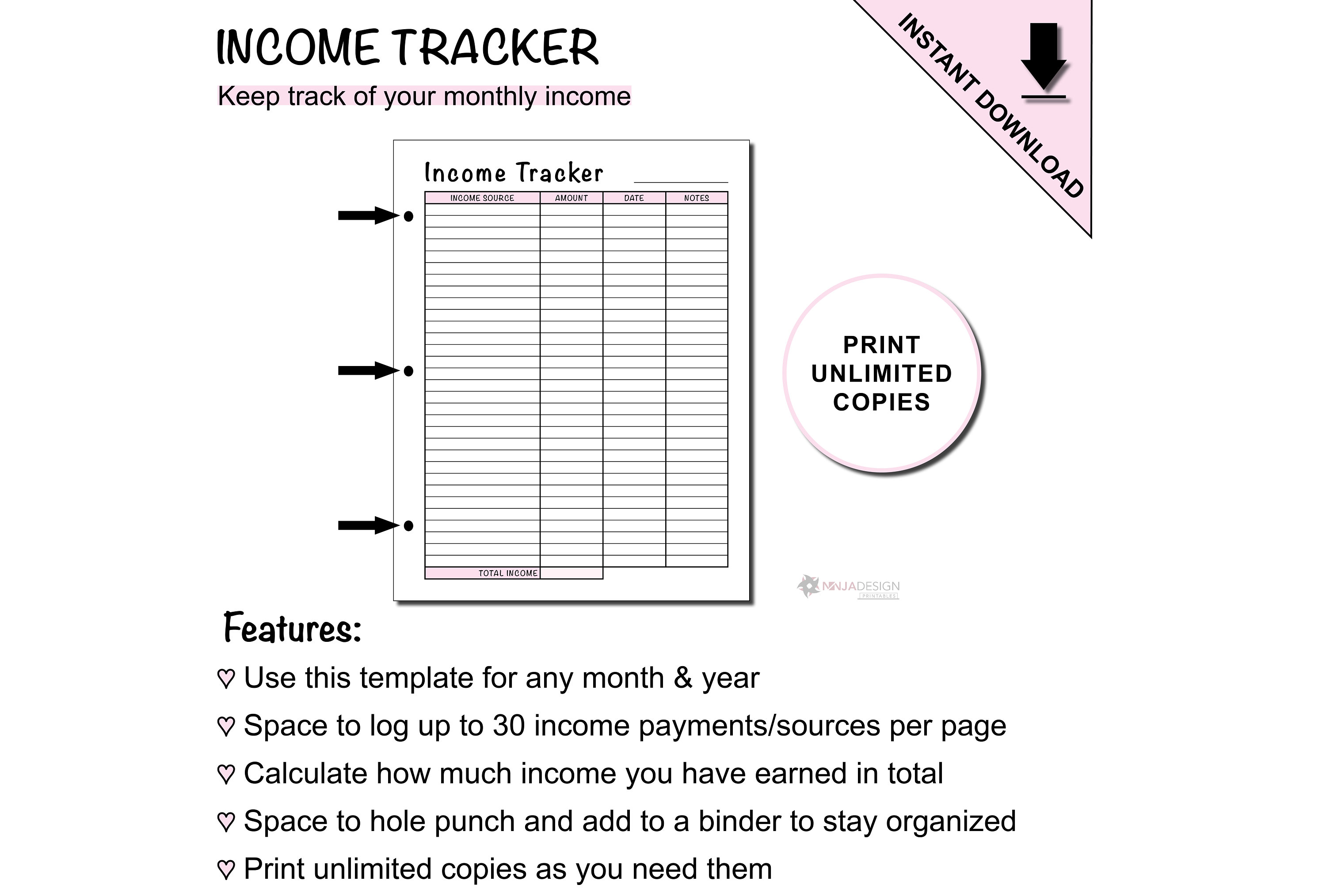 Printable Income Tracker Sheet to Track Your Monthly Income & Different ...