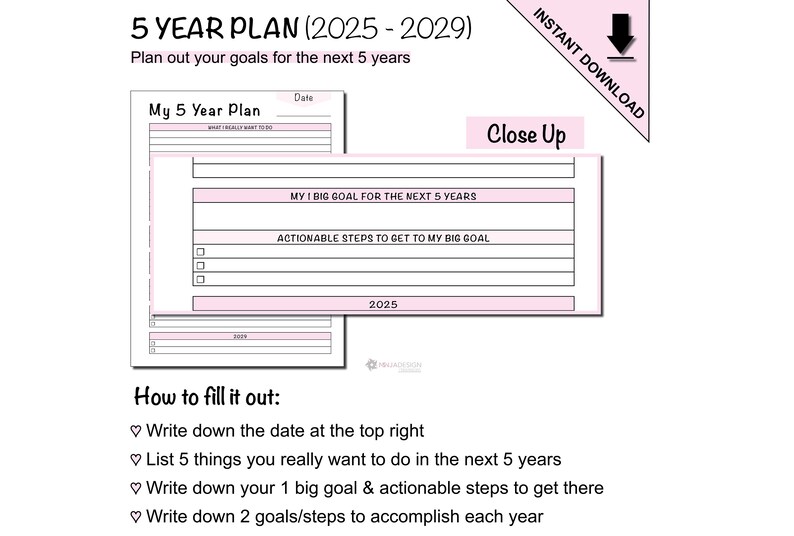 Printable 5 Year Goal Planning Template for 2025 to 2029 Plus Blank ...