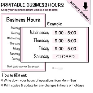 Printable Business Hours of Operation Sign to Display Custom Business ...