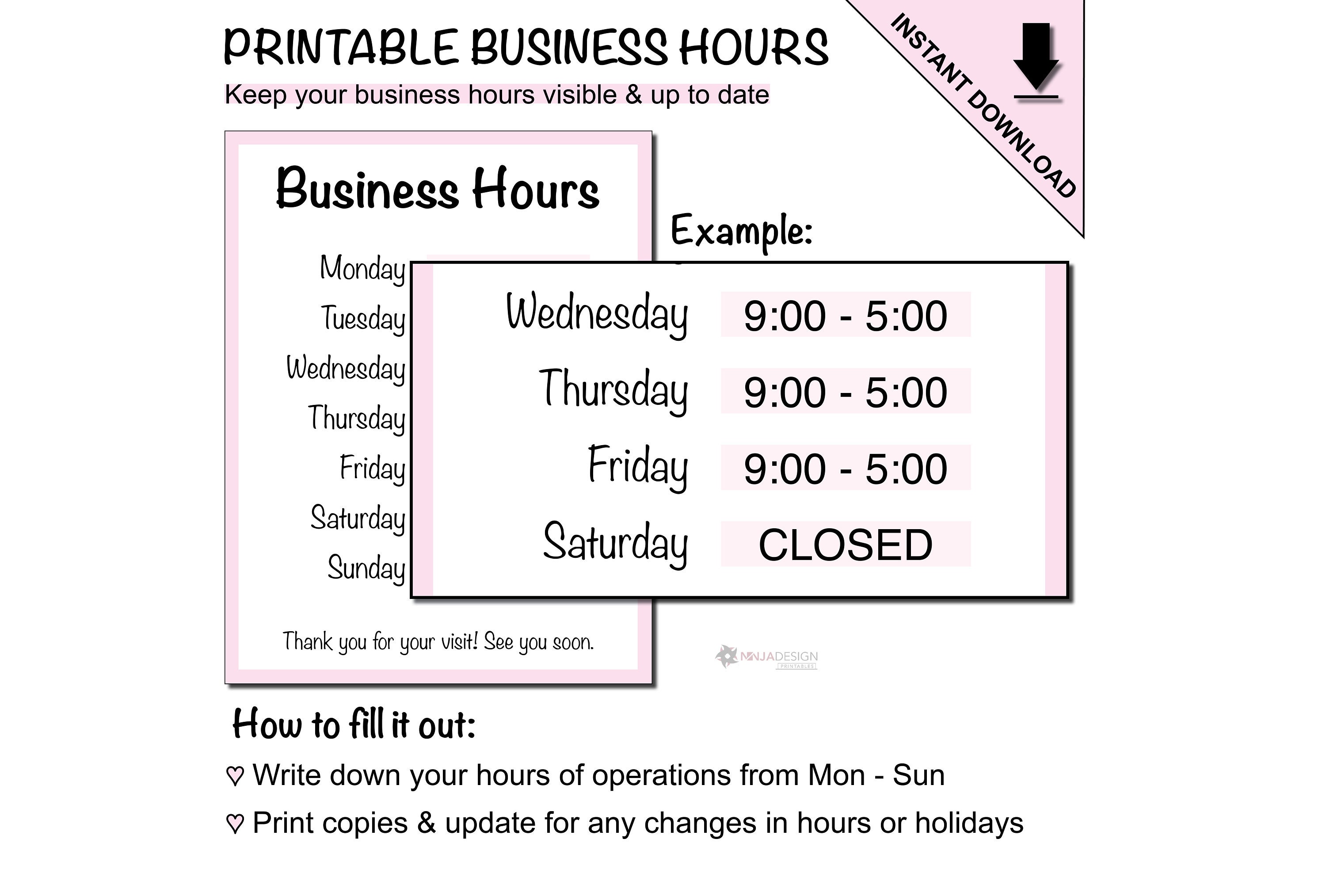 Printable Business Hours of Operation Sign to Display Custom Business ...