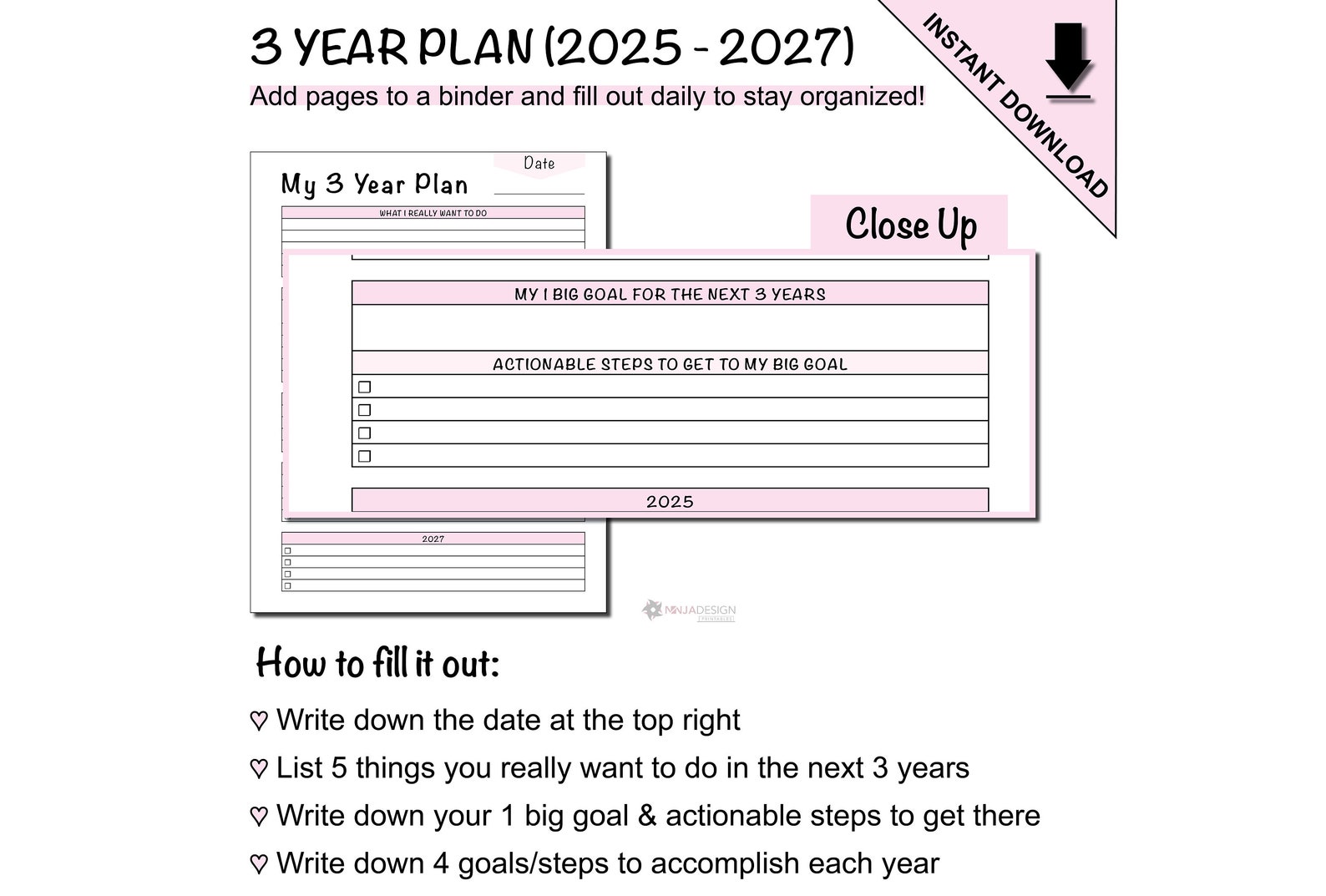 Printable 3 Year Goal Planning Template for 2025 to 2027 Plus Blank ...