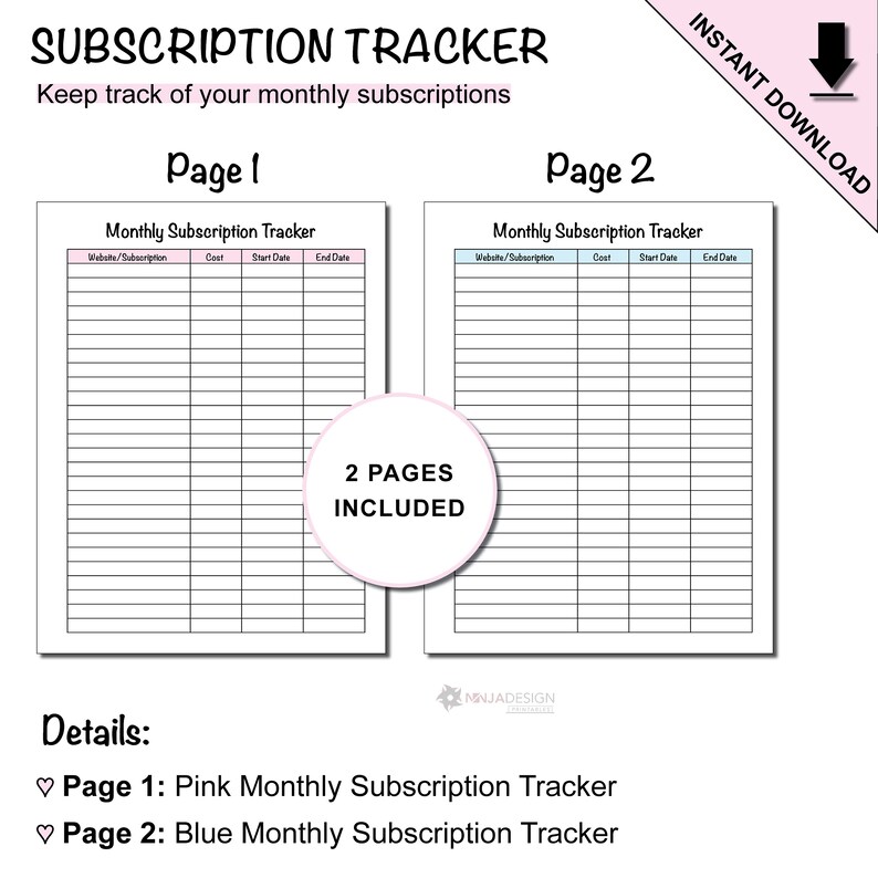 Printable Monthly Subscription Tracker to Track Website - Etsy