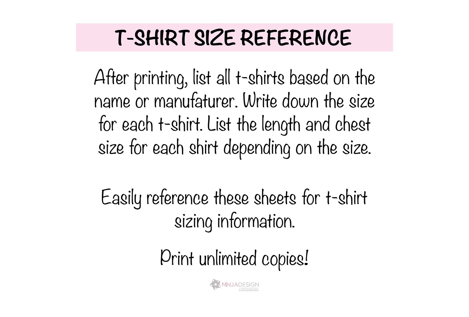 Printable T-shirt Size Reference Chart Tracker Sheet for Small ...