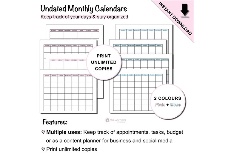 Printable Undated Monthly Calendar With 5 Week Months and 6 Week Months ...