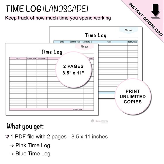 Printable Time Log Sheet to Track Time Spent Working on Tasks - Etsy