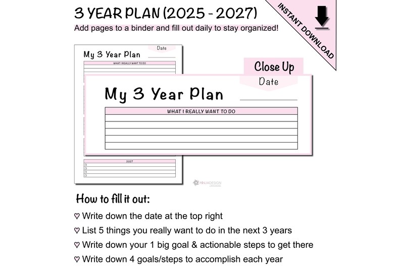 Printable 3 Year Goal Planning Template for 2025 to 2027 Plus Blank ...