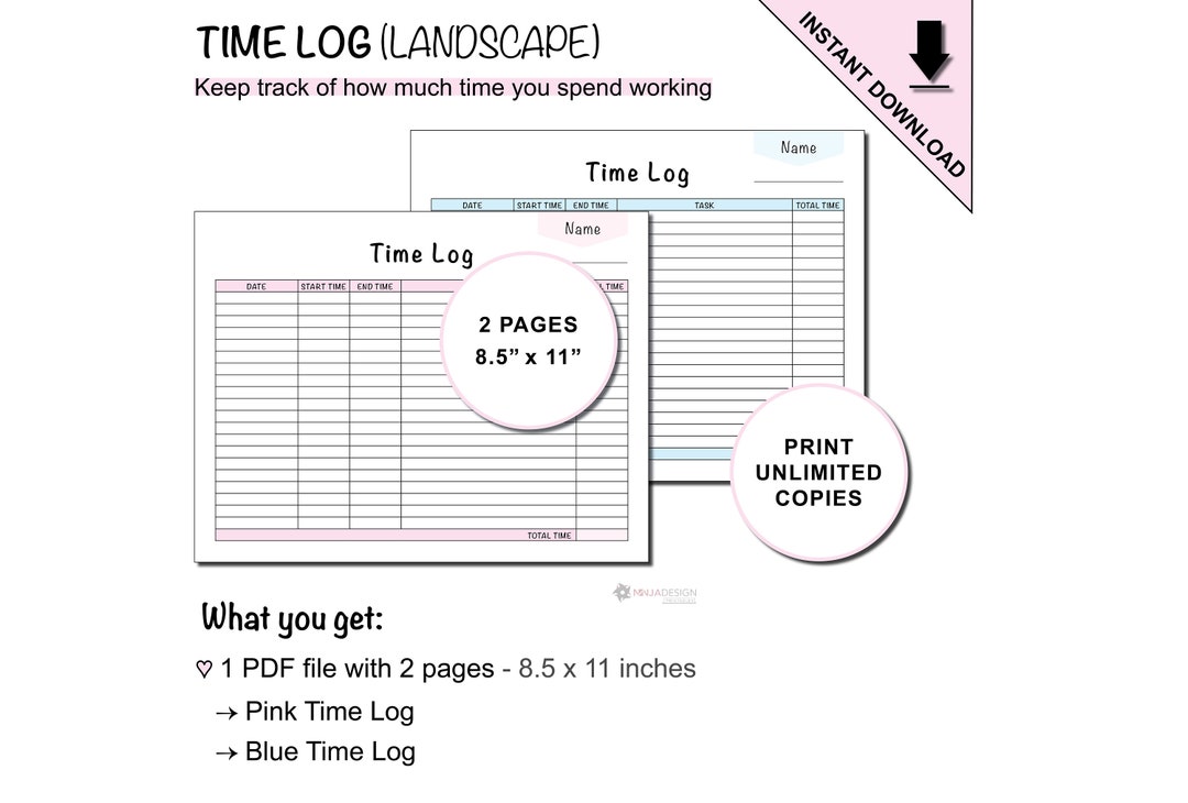 Printable Time Log Sheet to Track Time Spent Working on Tasks for ...