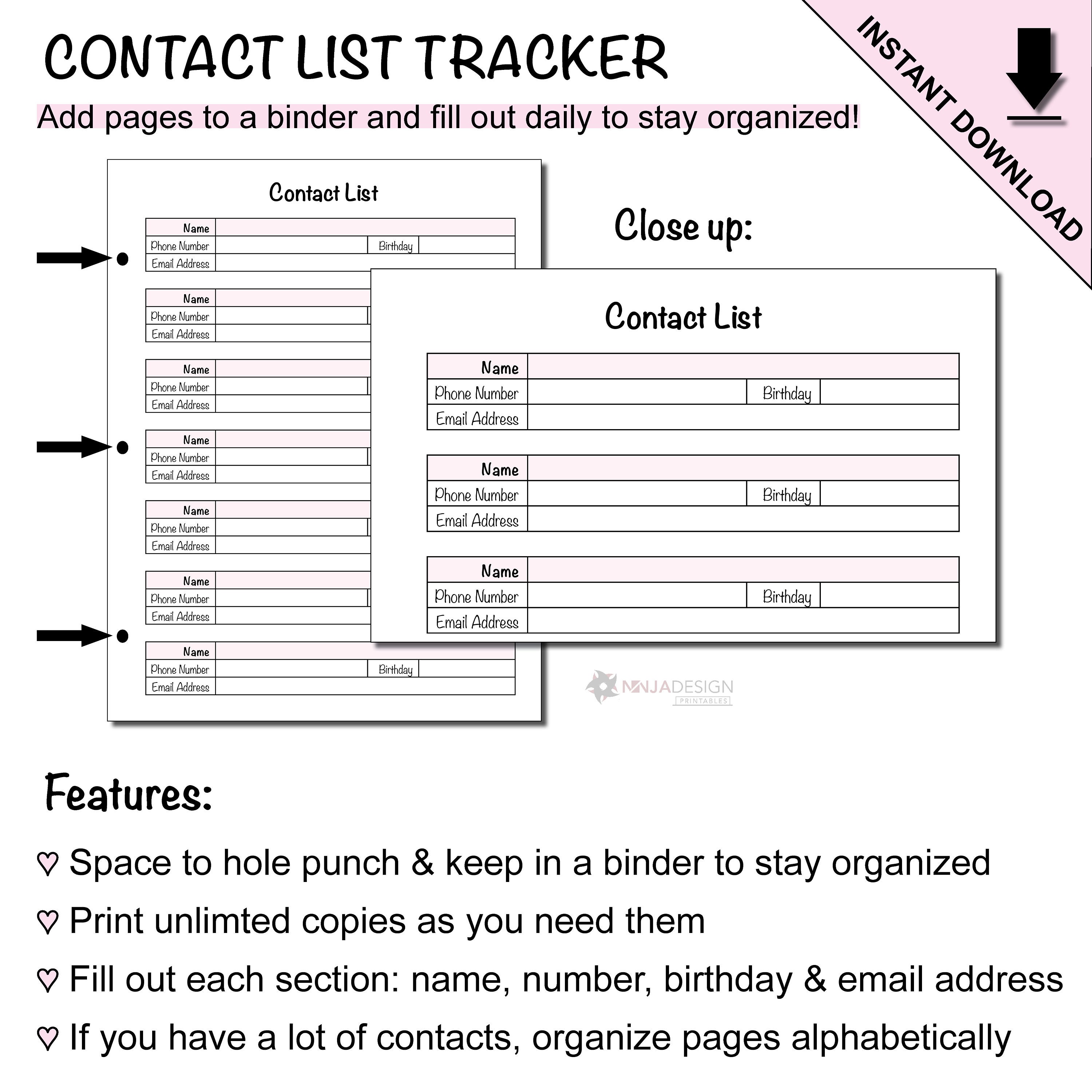 Printable Contact List Templates for Address Book Birthday - Etsy