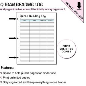 Printable Quran Reading Log to Track Verses of Surahs Read | Ramadan ...