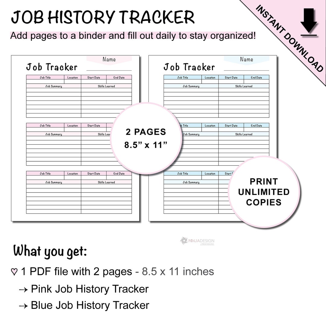 Printable Job History Tracker to Track Work Employment History (Instant ...