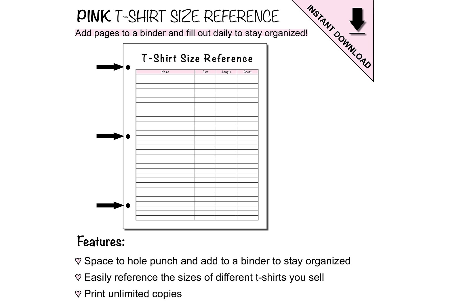 Printable T-shirt Size Reference Chart Tracker Sheet for Small ...