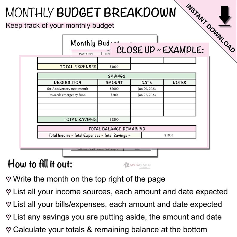 Printable Monthly Budget Breakdown to Keep Track of Your - Etsy