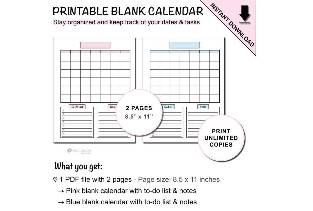 Printable Blank Calendar Planner Pages With Notes & To-do List With ...