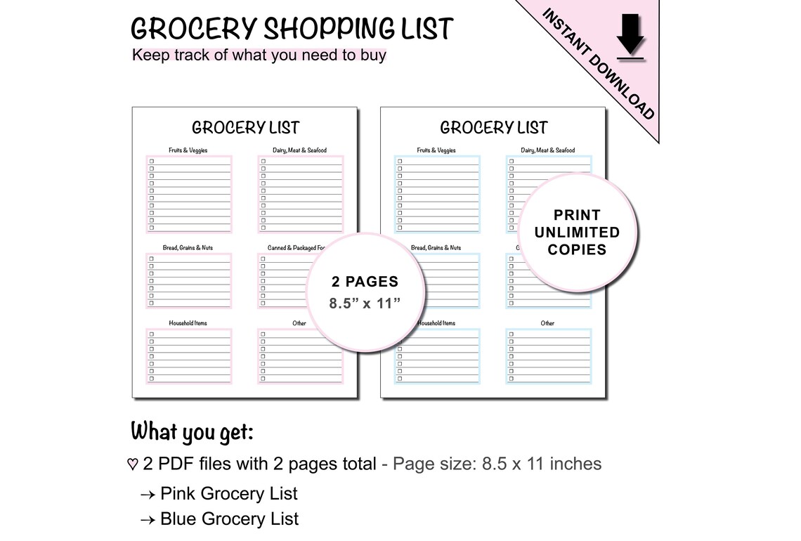 Printable Grocery Shopping List Separated Into Different Categories - Etsy