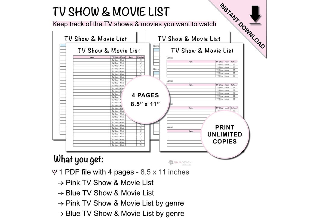 Printable TV Show and Movie List Tracker for Shows and Movies You Want ...