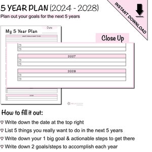 Printable 5 Year Goal Planning Template for 2024 to 2028 Plus Blank ...