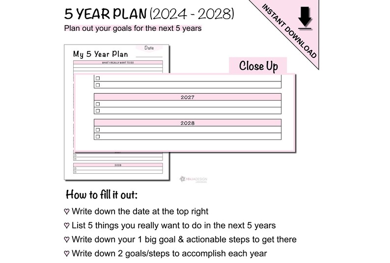 Printable 5 Year Goal Planning Template for 2024 to 2028 Plus Blank ...