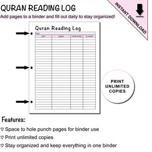 Printable Quran Reading Log to Track Verses of Surahs Read | Ramadan ...