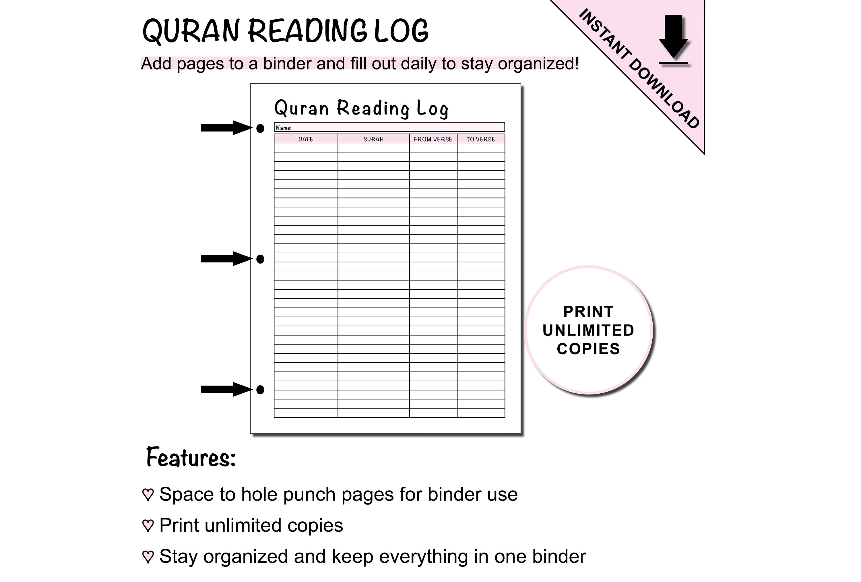 Printable Quran Reading Log to Track Verses of Surahs Read | Ramadan ...