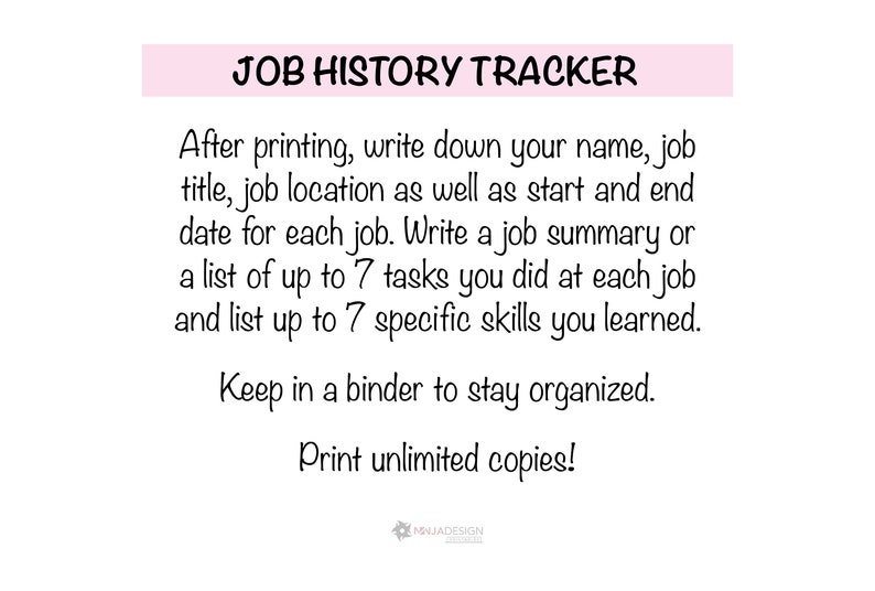Printable Job History Tracker to Track Work Employment History - Etsy