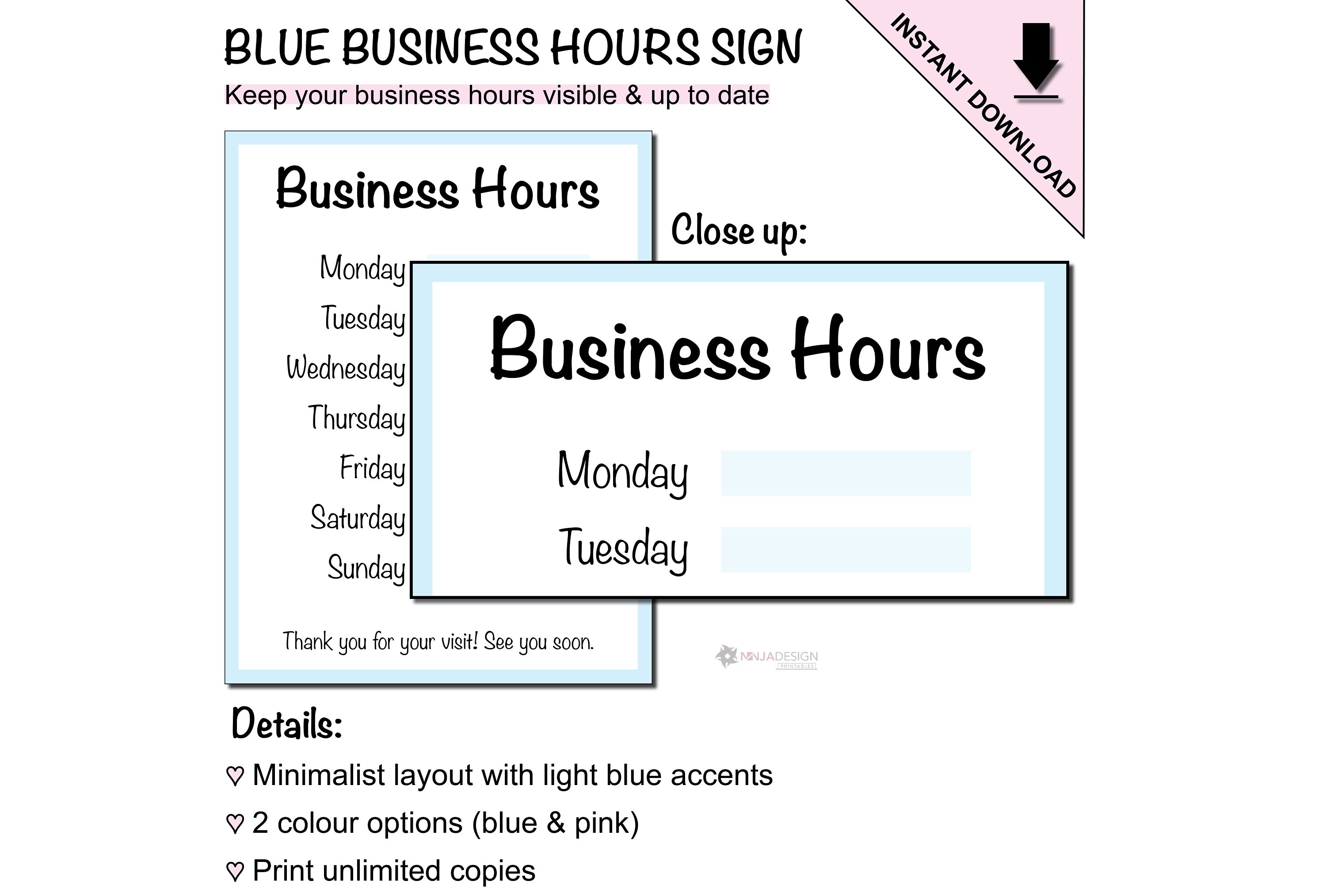 Printable Business Hours of Operation Sign to Display Custom Business ...