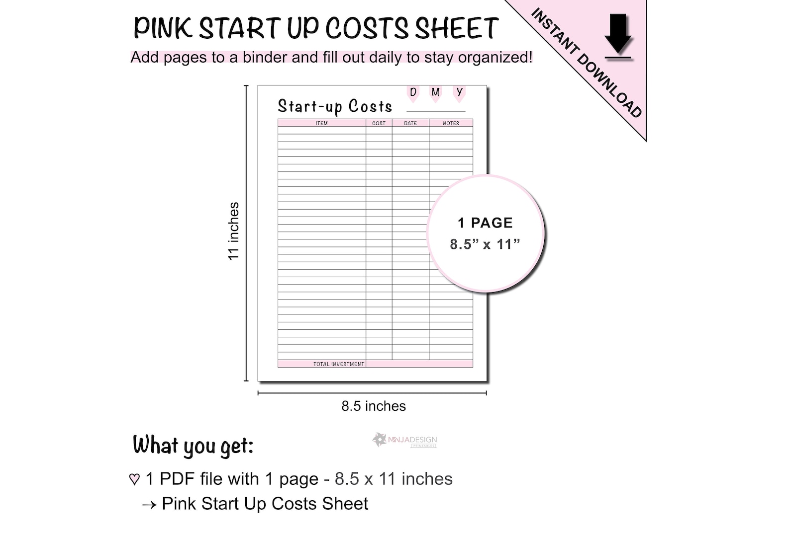 Printable Start up Cost Sheet for Business - Etsy