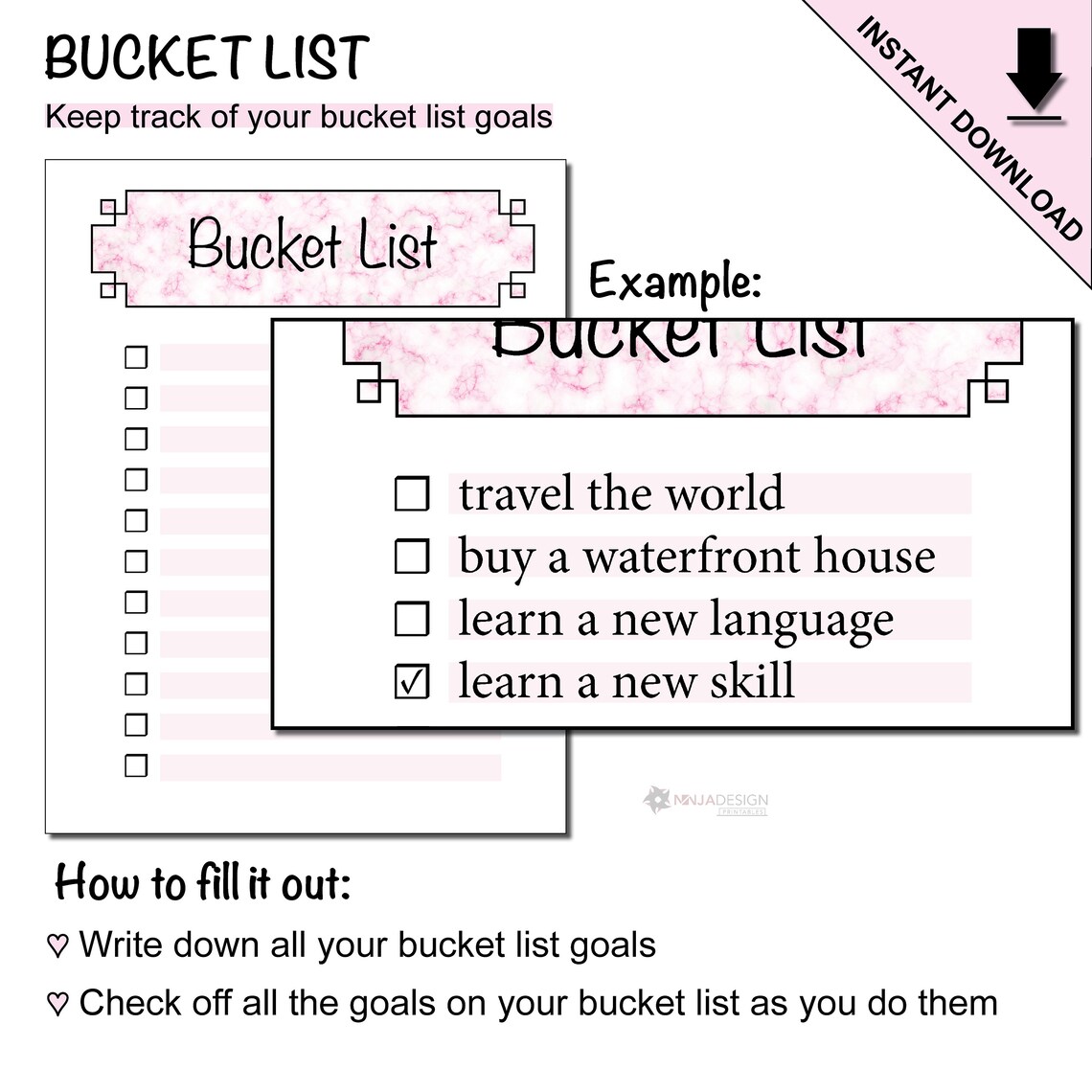Printable Bucket List Sheets With Checkboxes in Pink & Blue - Etsy