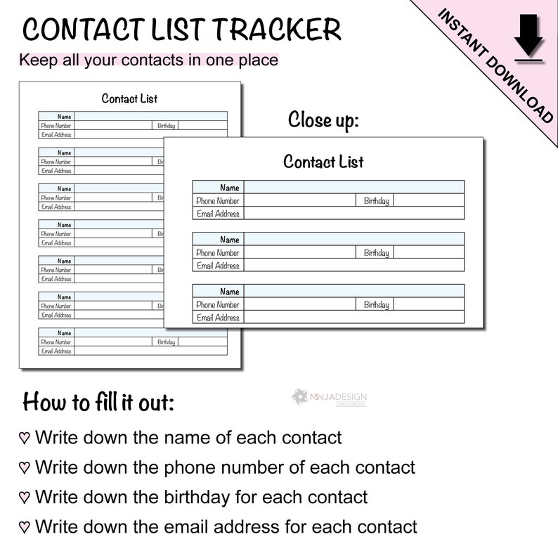 Printable Contact List Templates for Address Book Birthday - Etsy