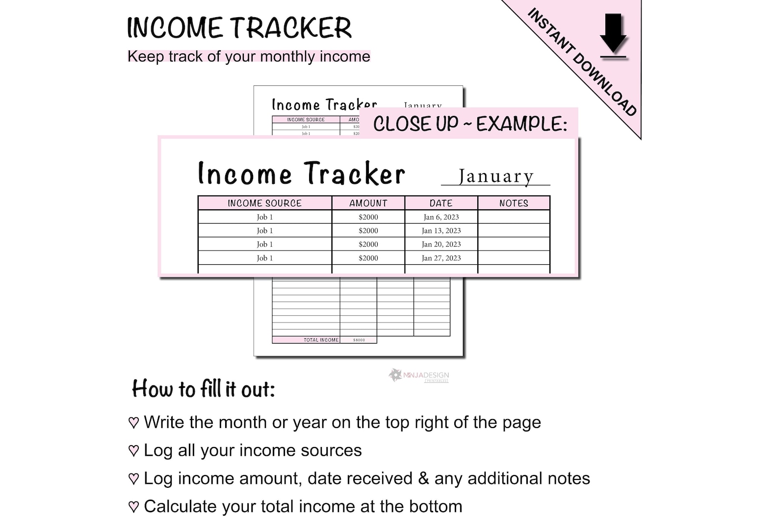 Printable Income Tracker Sheet to Keep Track of Your Monthly Income - Etsy