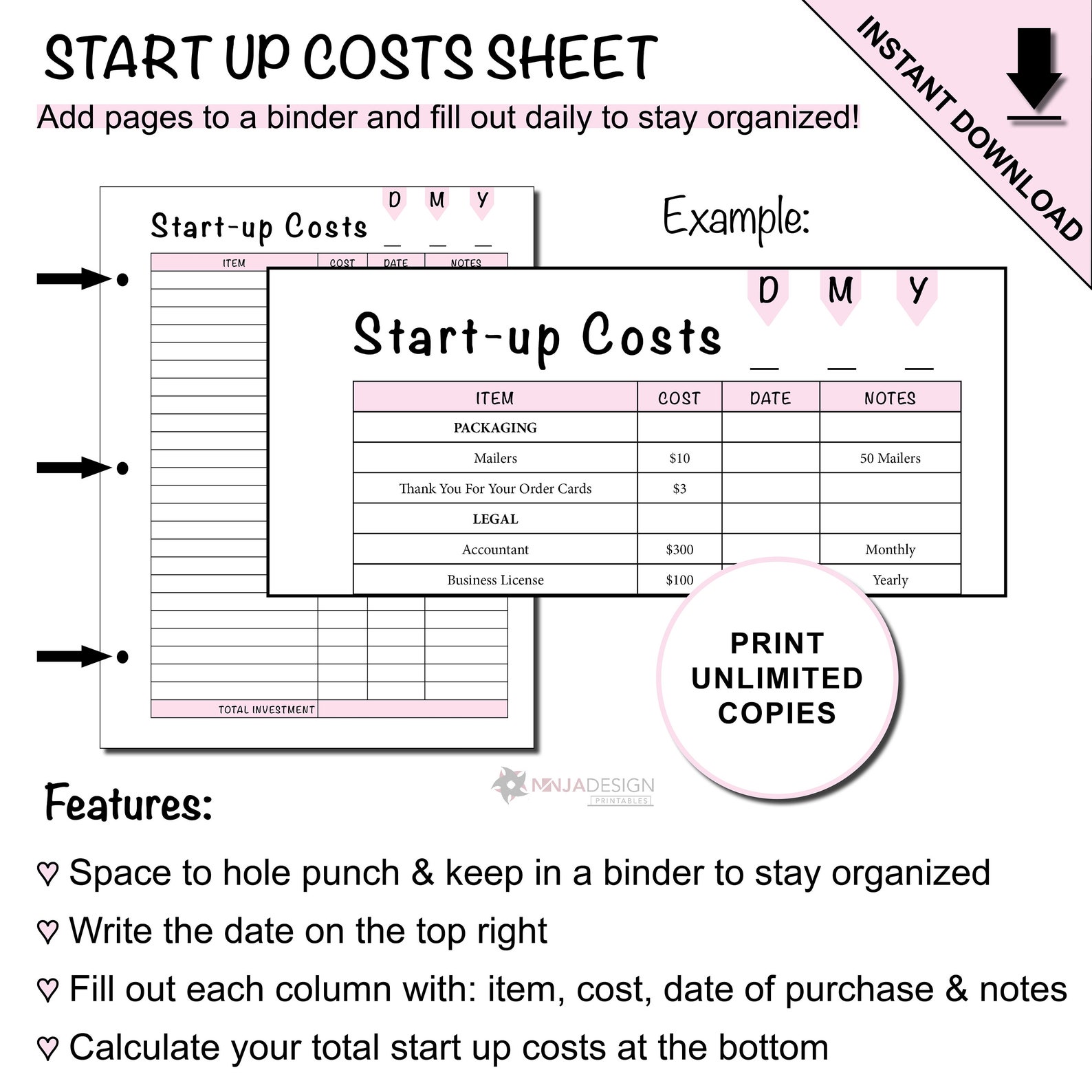 Printable Start Up Cost Sheet for Business | Etsy