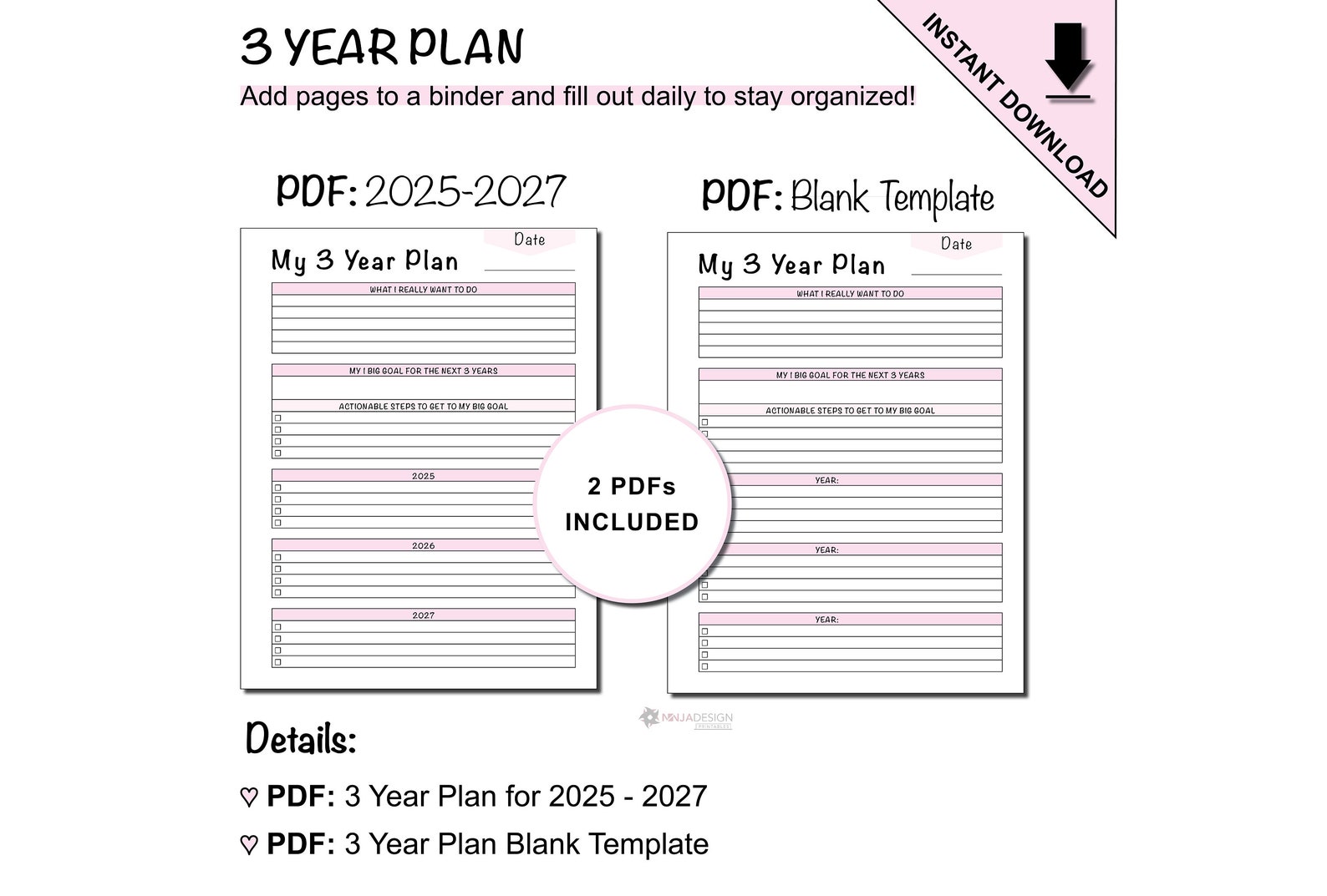 Printable 3 Year Goal Planning Template for 2025 to 2027 Plus Blank ...