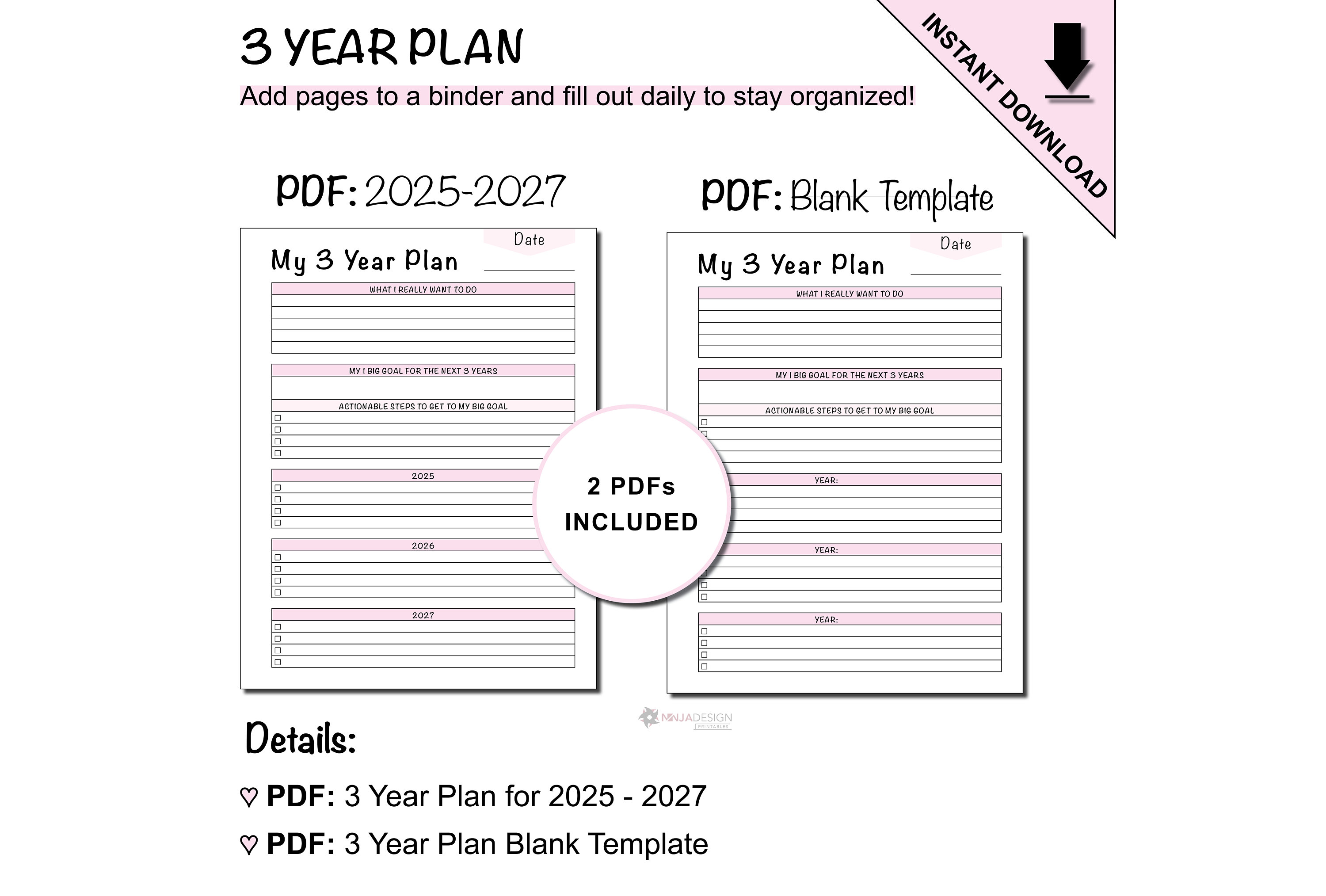 Printable 3 Year Goal Planning Template for 2025 to 2027 Plus Blank ...