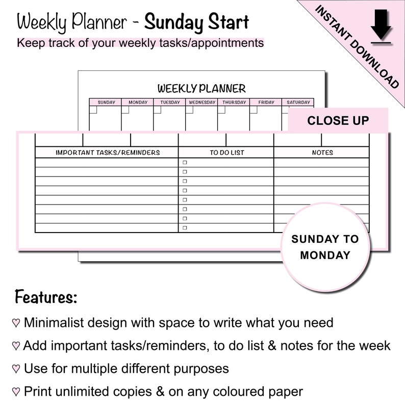 Printable Weekly Planner Sheet With to Do List and Notes Section ...