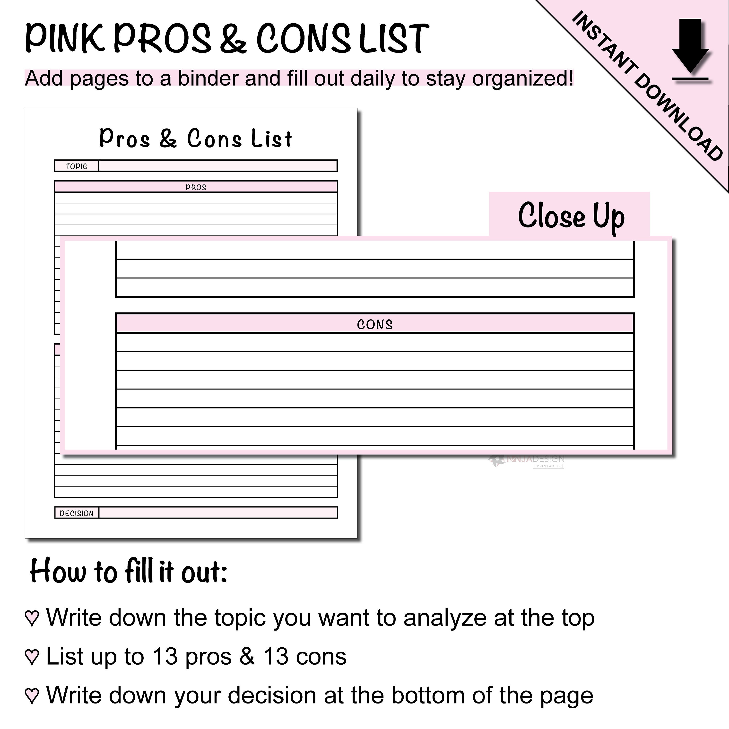 Printable Pros & Cons List to Help You Make a Decision - Etsy