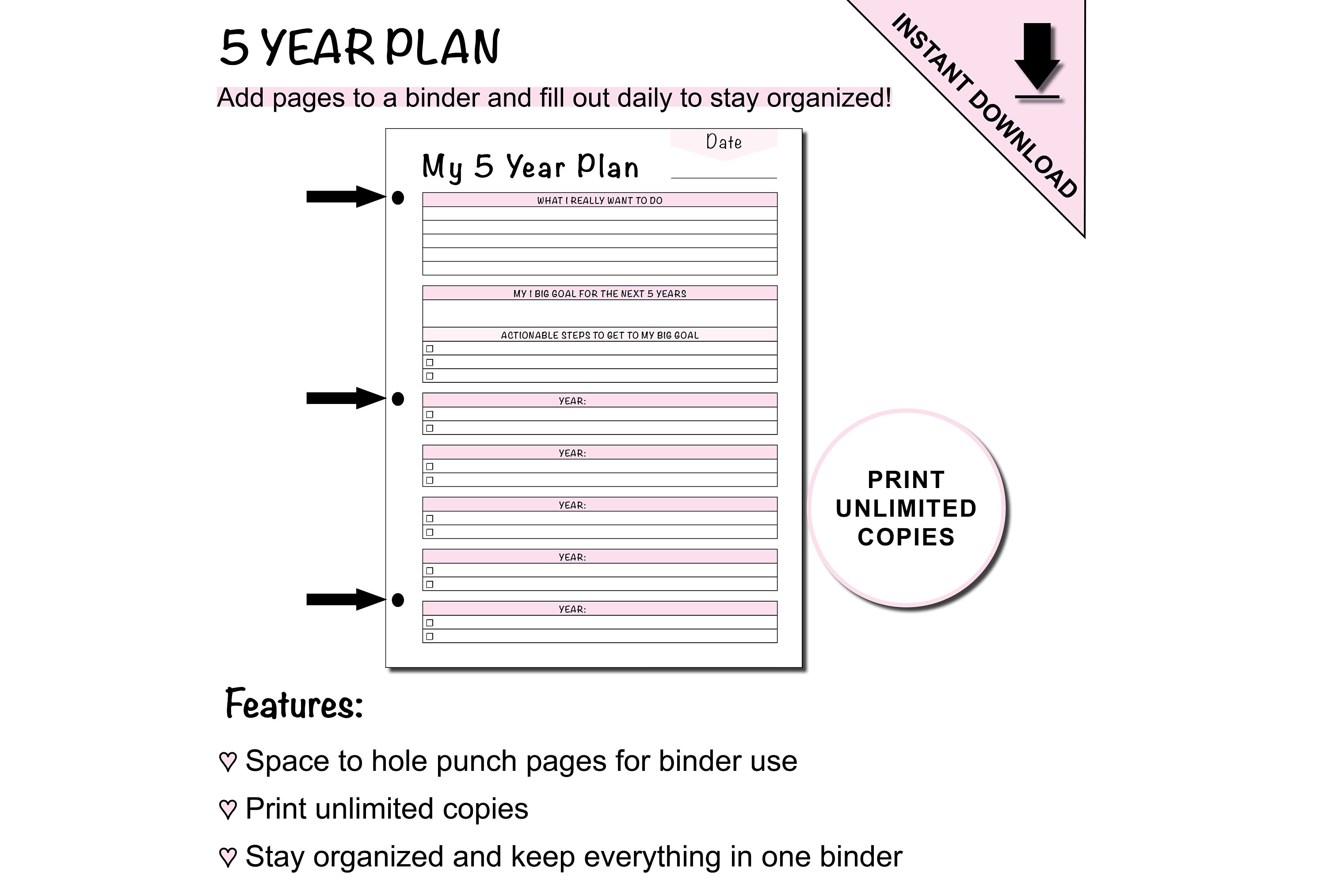 Printable 5 Year Goal Planning Template for 2025 to 2029 Plus Blank ...