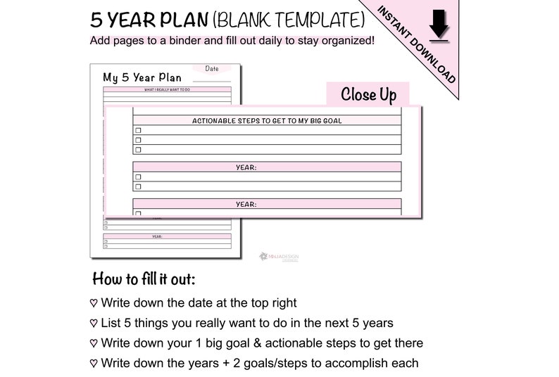 Printable 5 Year Goal Planning Template for 2025 to 2029 Plus Blank ...