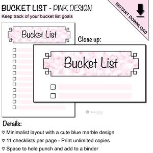 Printable Bucket List Sheets With Checkboxes in Pink & Blue to Keep ...