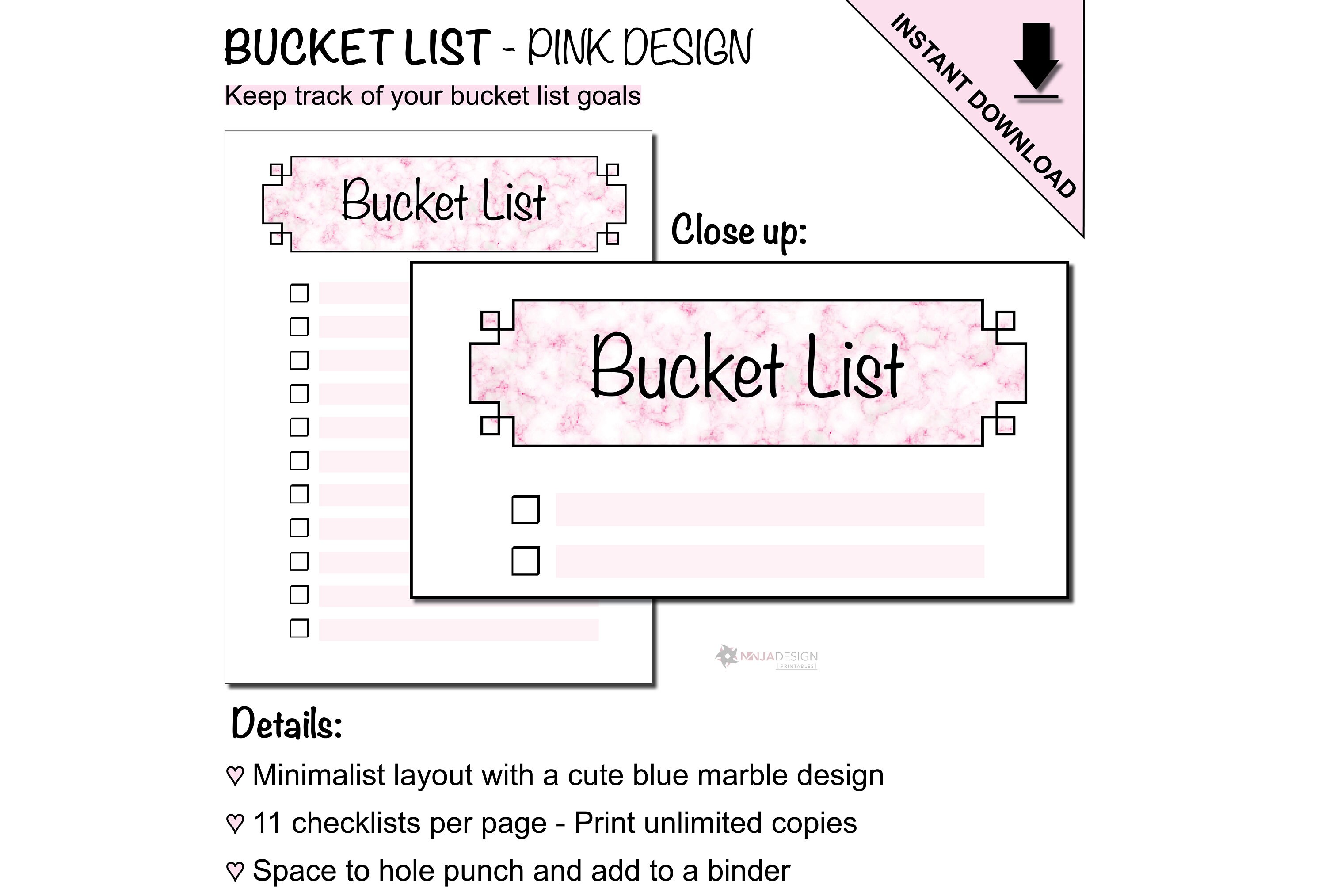 Printable Bucket List Sheets With Checkboxes in Pink & Blue to Keep ...
