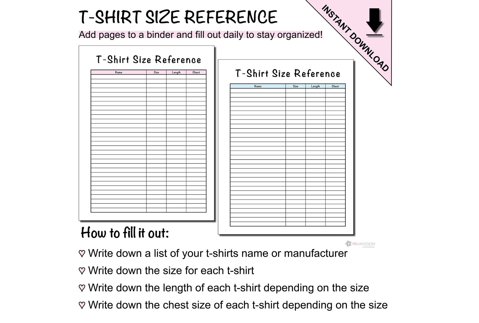 Printable T-shirt Size Reference Chart Tracker Sheet for Small ...