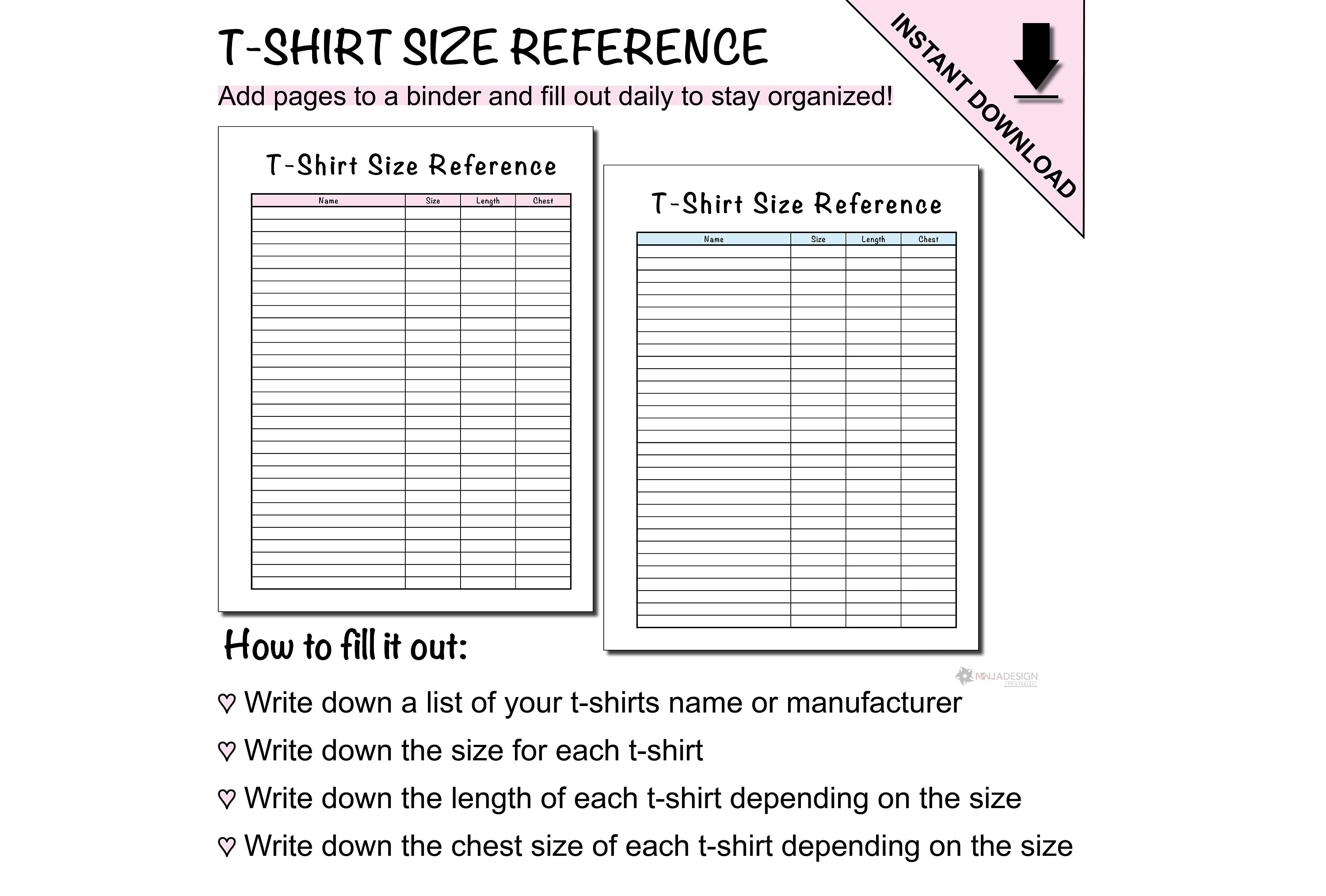 Printable T-shirt Size Reference Chart Tracker Sheet for Small ...