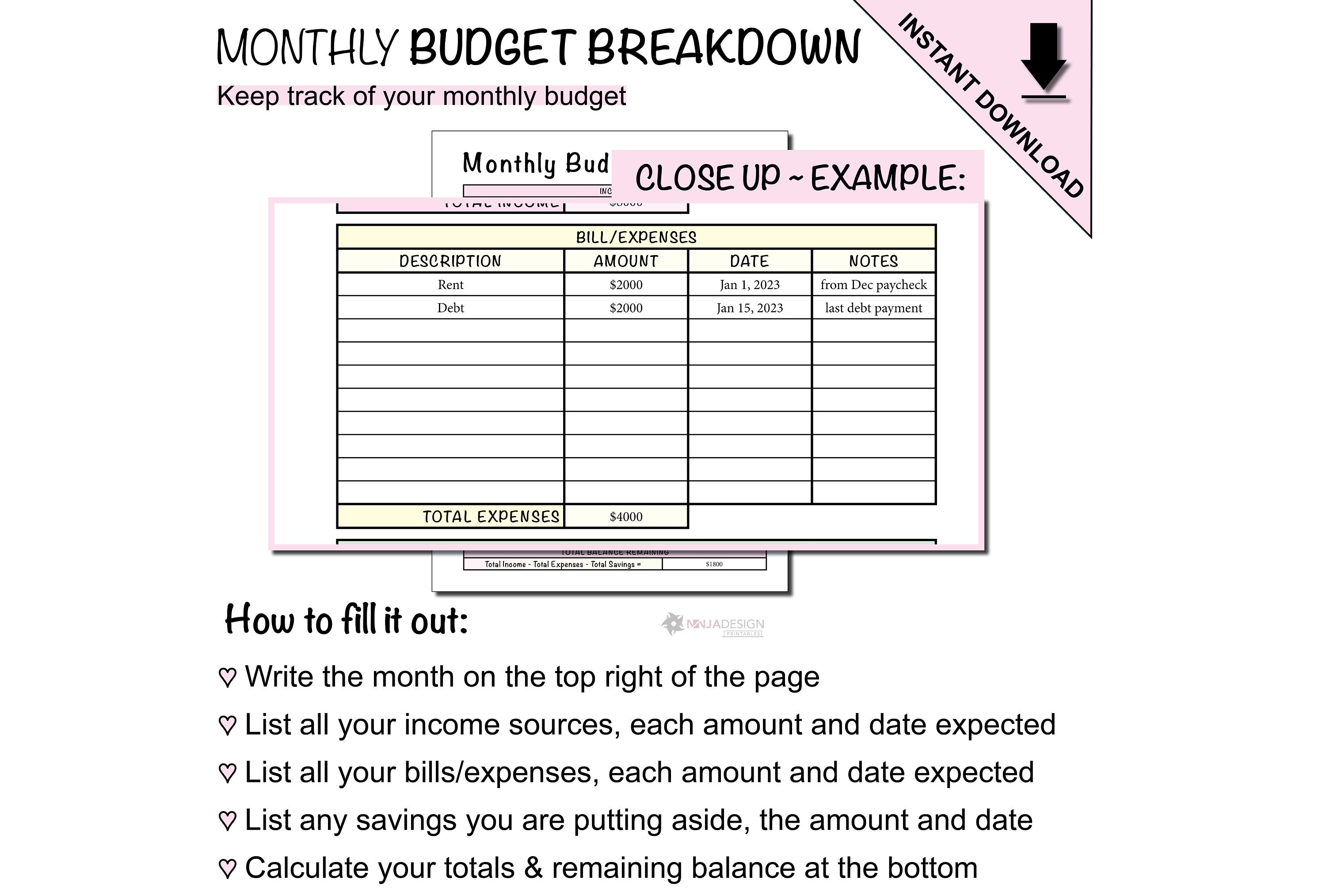Printable Monthly Budget Breakdown to Keep Track of Your Monthly Budget ...