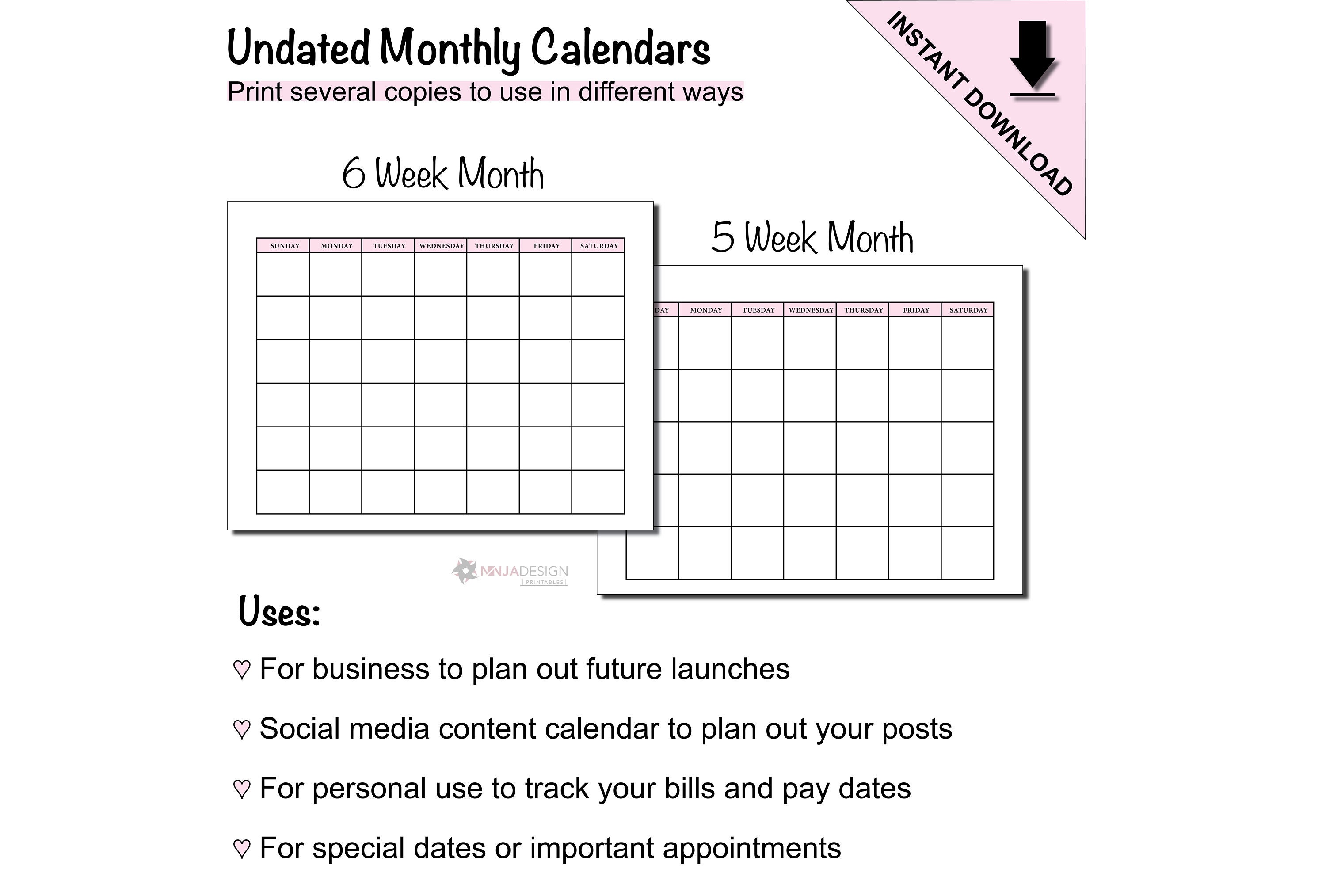 Printable Undated Monthly Calendar With 5 Week Months and 6 Week Months ...