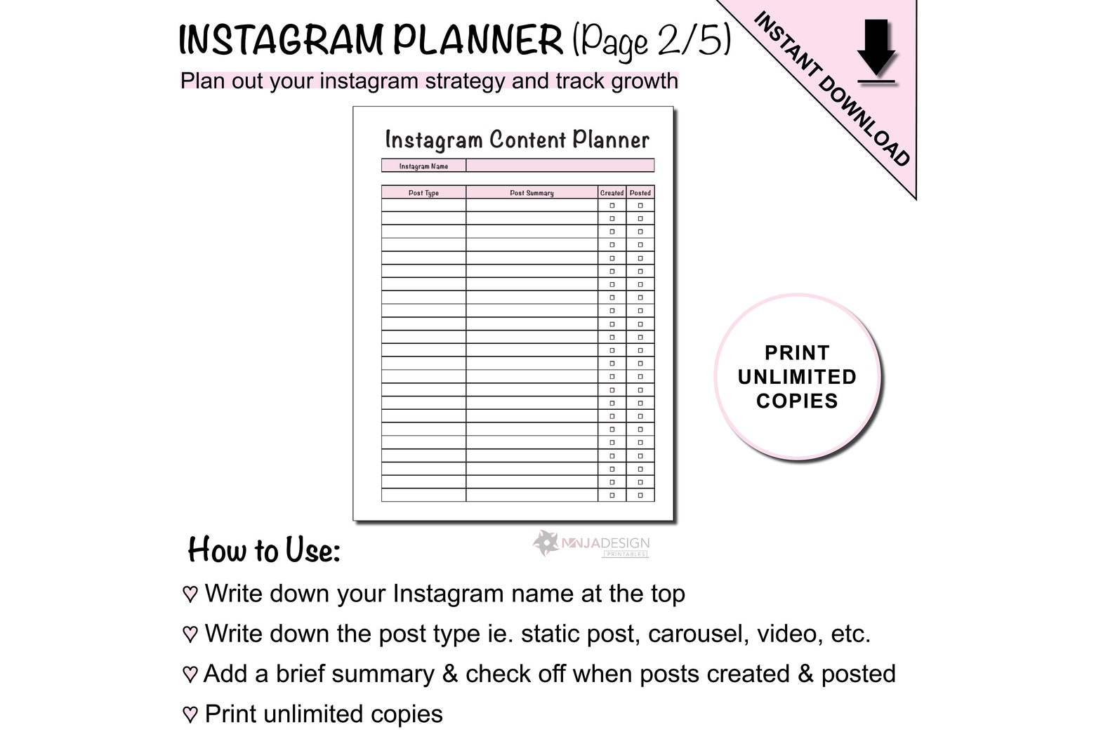 Printable Instagram Content Planner With Instagram Follower Growth ...