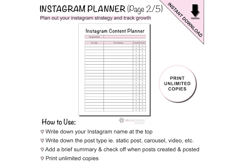 Printable Instagram Content Planner With Instagram Follower Growth ...
