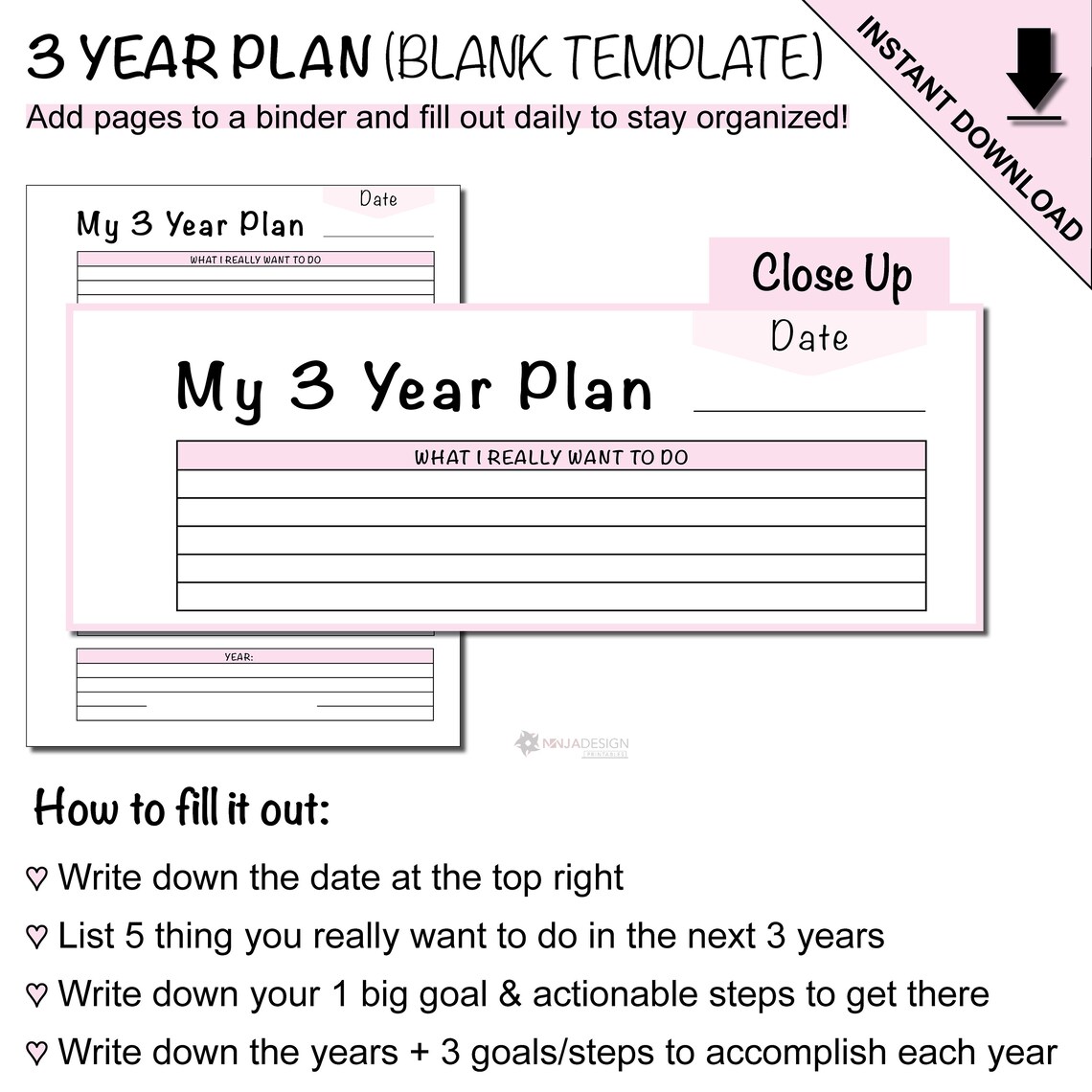 Printable 3 Year Goal Planning Template for 2022 to 2024 Plus | Etsy
