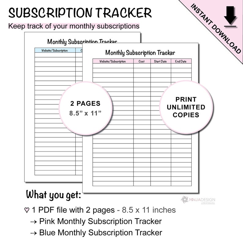 Printable Monthly Subscription Tracker to Track Website - Etsy
